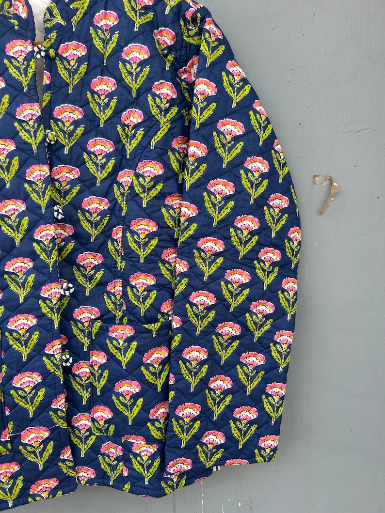 Hand Block Print Quilted Jacket, Indigo Geometric Cotton Kantha ...