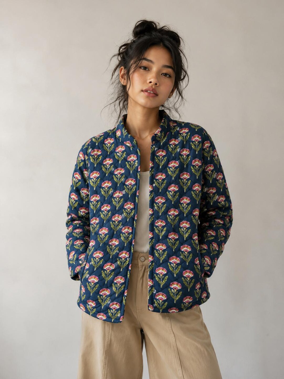 Hand Block Print Quilted Jacket, Indigo Geometric Cotton Kantha ...