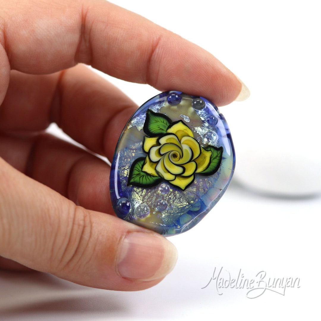 Tattoo Style Rose Bead, Yellow on Blue, Lampwork Focal Bead, Handmade ...