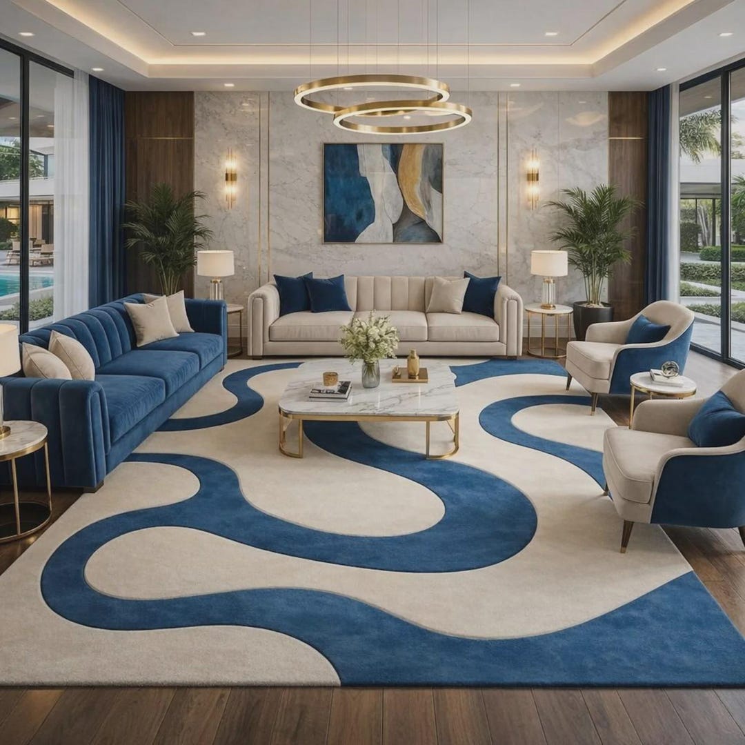 Modern Blue Abstract Area Rug, Cream & Navy Wave Pattern Carpet, Luxury ...