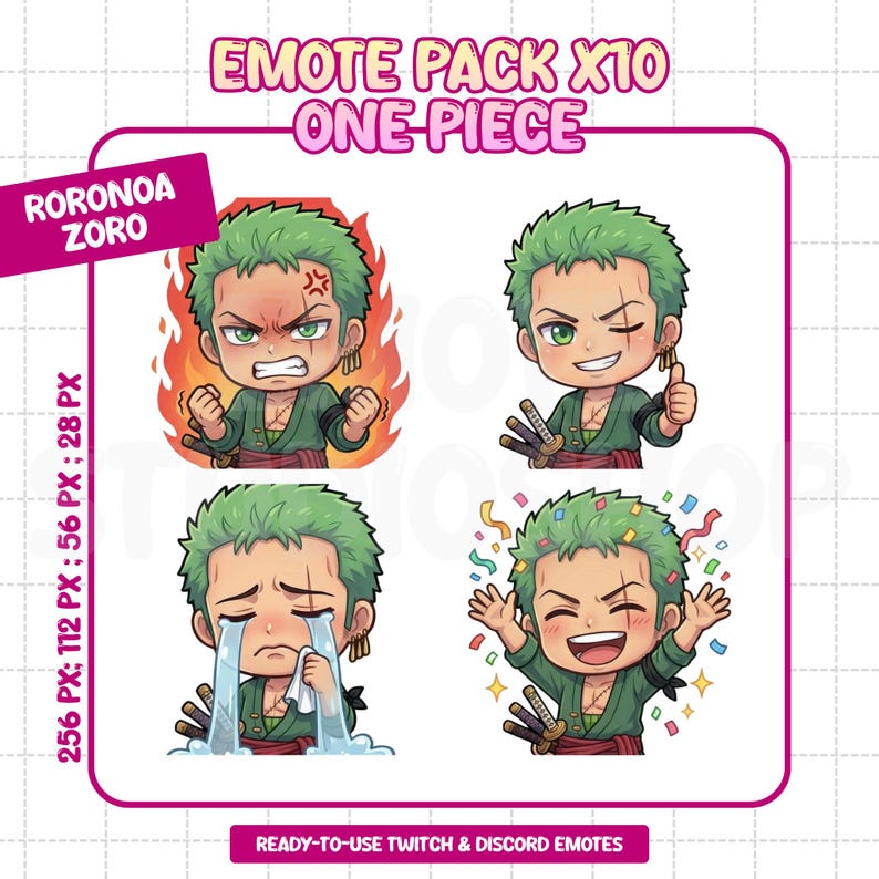 One Piece Zoro Twitch Emote Pack X10 | Cute Chibi Anime Emotes for ...