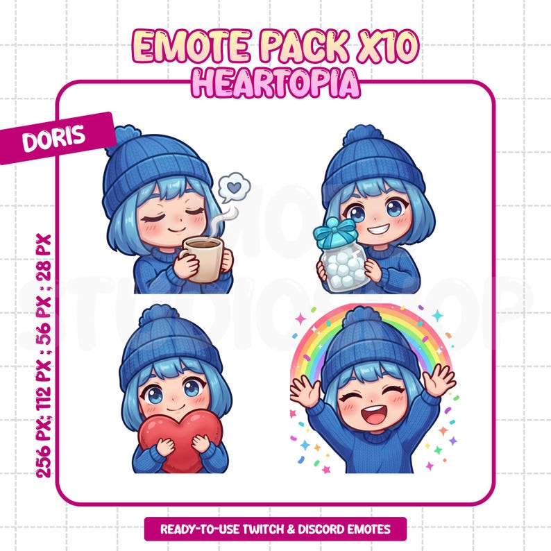 Heartopia Doris Blue Twitch Emote Pack X10 | Cute Chibi Cozy Gaming ...