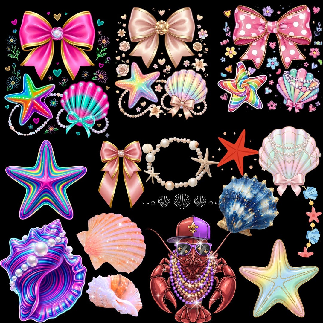 Coquette Coastal Clipart Set PNG – Rainbow Seashell, Girly Bow ...