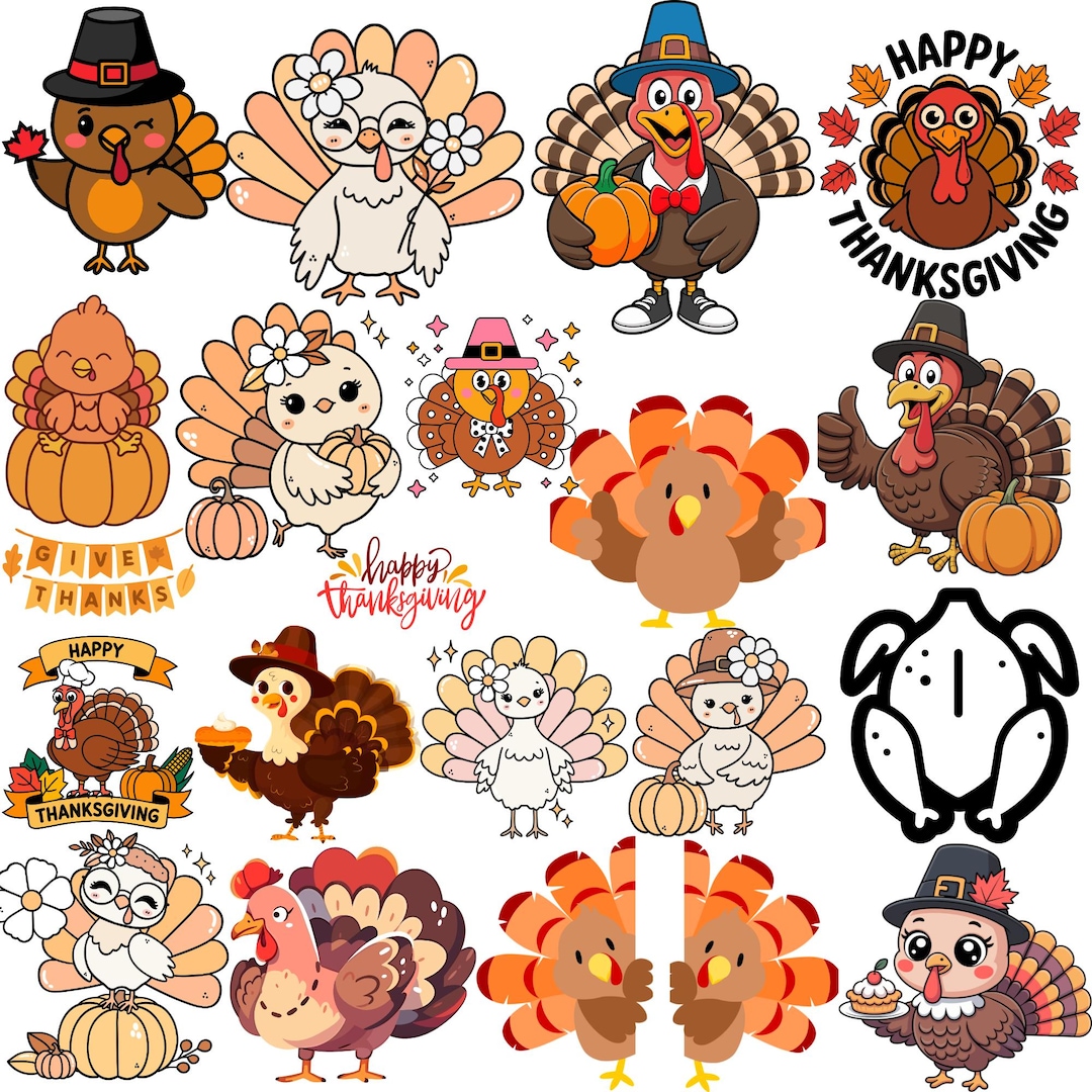 Cute Turkey SVG PNG Thanksgiving Clipart Bundle , Cute Fall Turkey ...