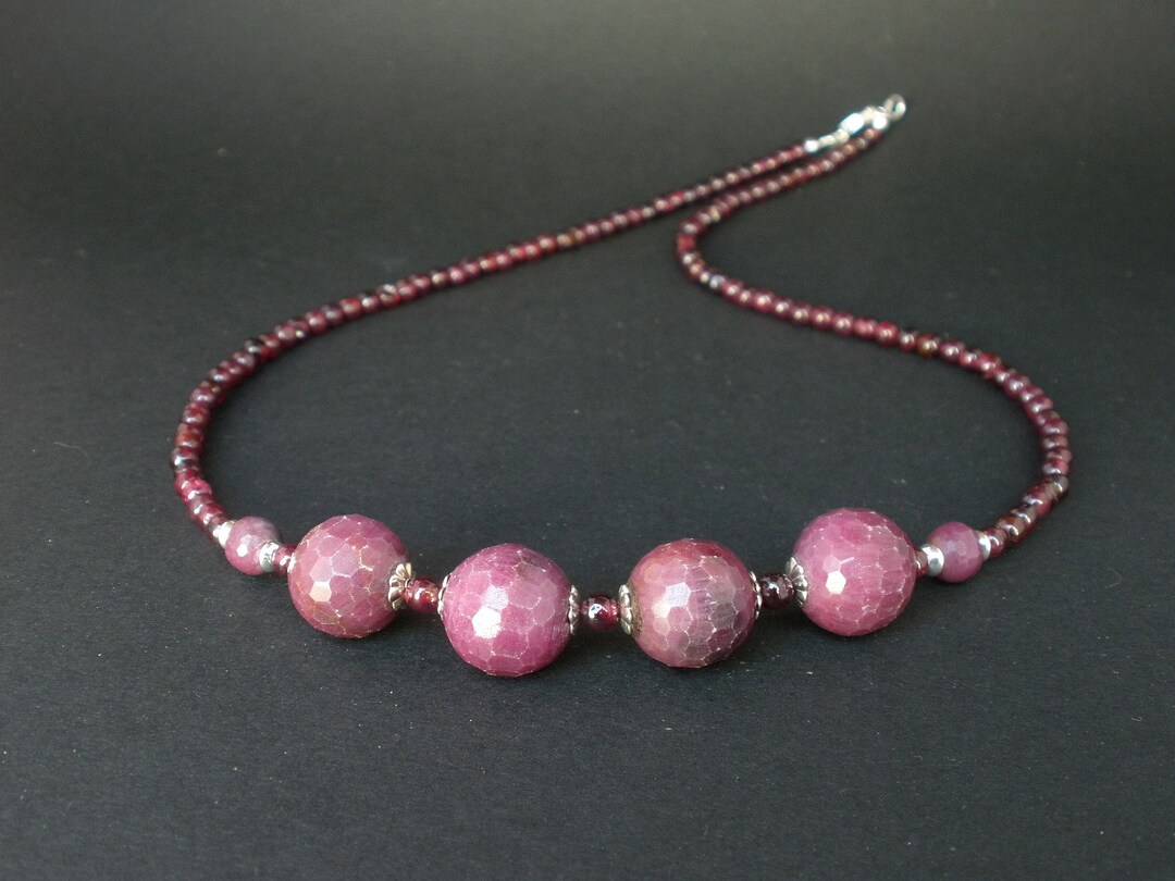 Ruby Necklace Faceted Gemstone and Garnet Necklace, 925 Sterling Silver ...