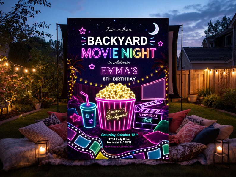 Movie Night Backyard Birthday Template, Editable Canva Invite, Neon ...
