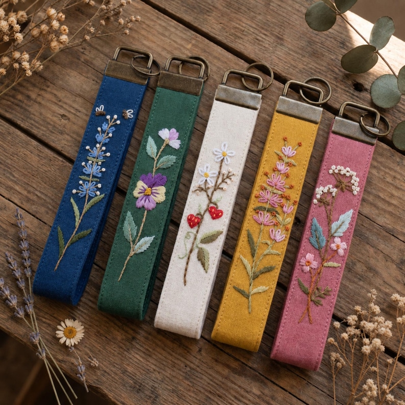 Personalized Wristlet Keychain, Hand Embroidered Linen Fabric Key Fob ...