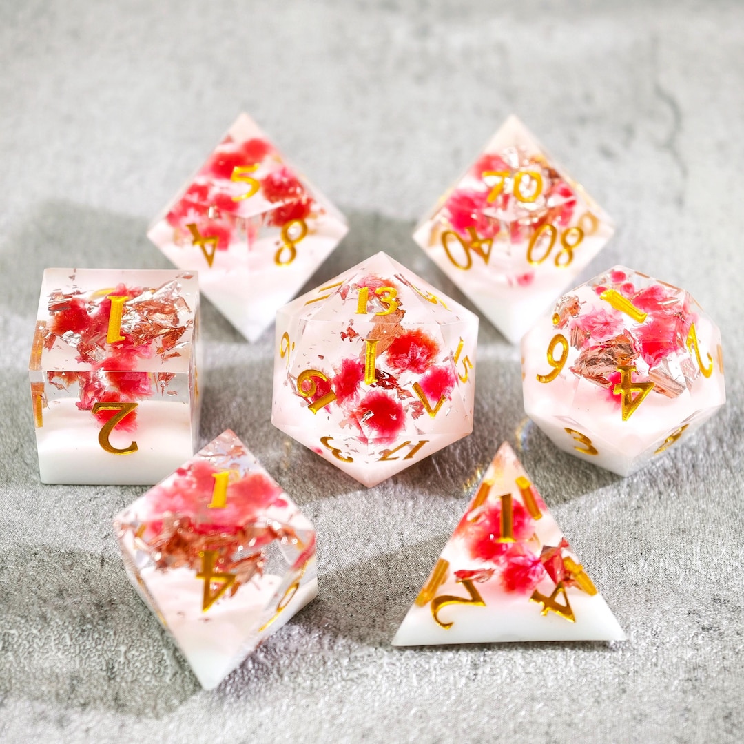 Handmade Pink Sakura Resin DND Dice Set, Sharp Edge Polyhedral Dice ...