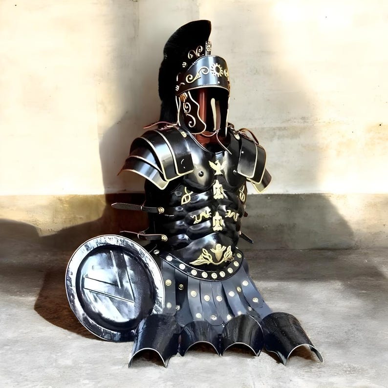 Roman Gladiator Armor Set With Helmet and Shield, Black Metal Warrior ...