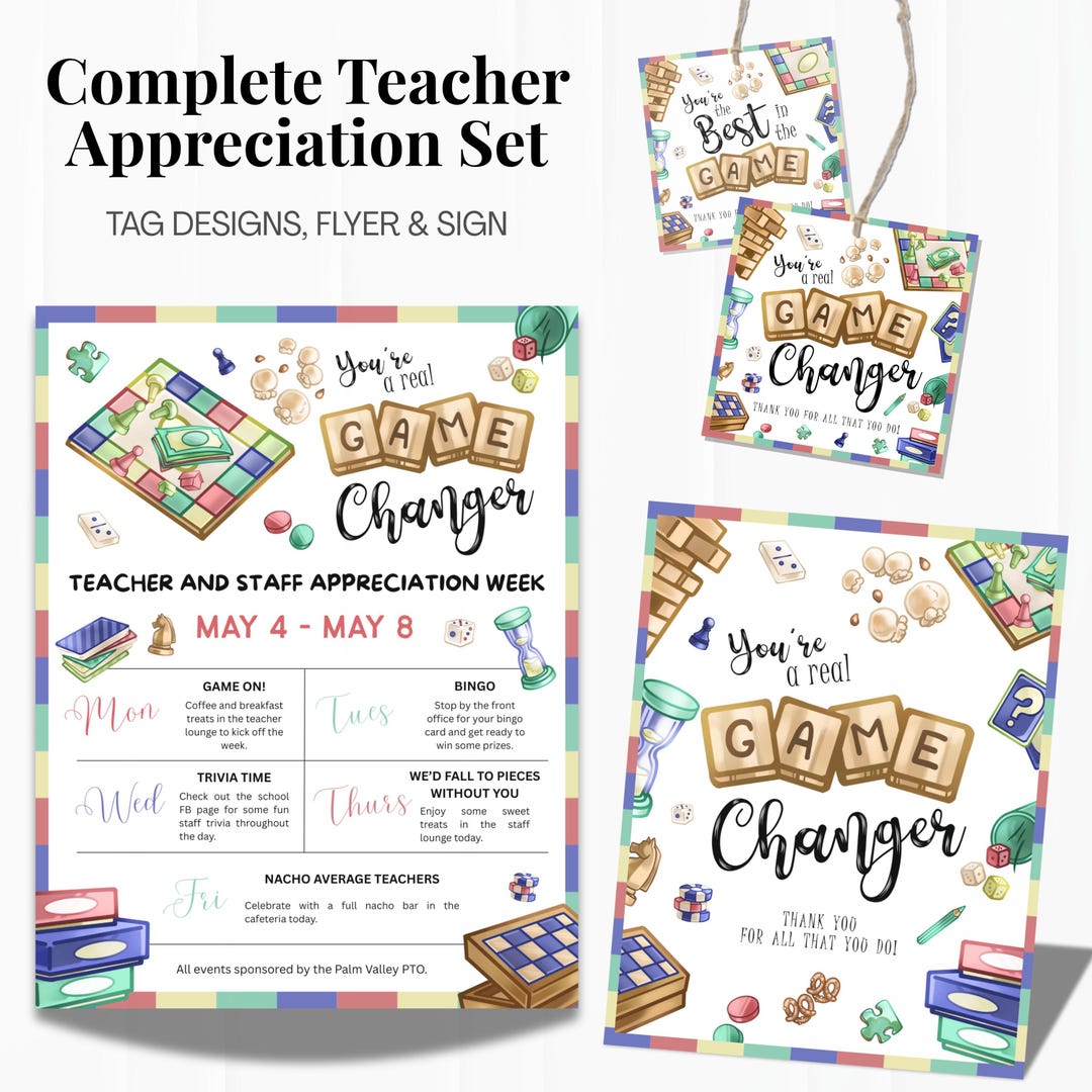 Board Game Teacher Appreciation Week Bundle Printable - Tag Flyer Sign ...