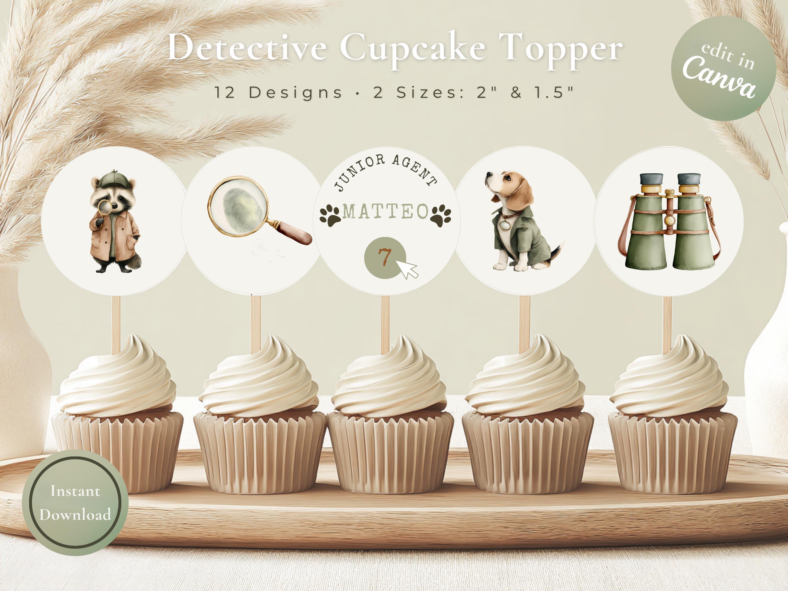 Detective Cupcake Toppers Sage Green, Boho Junior Agent Party Decor ...