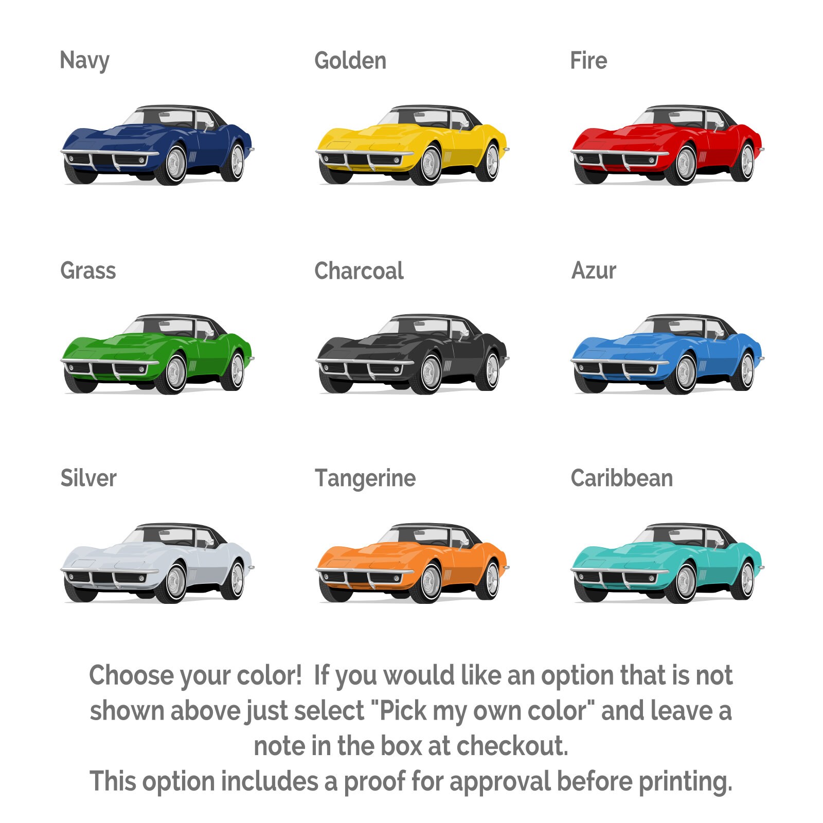 Boys car art print Chevy Stingray yellow or Pick Your Own | Etsy