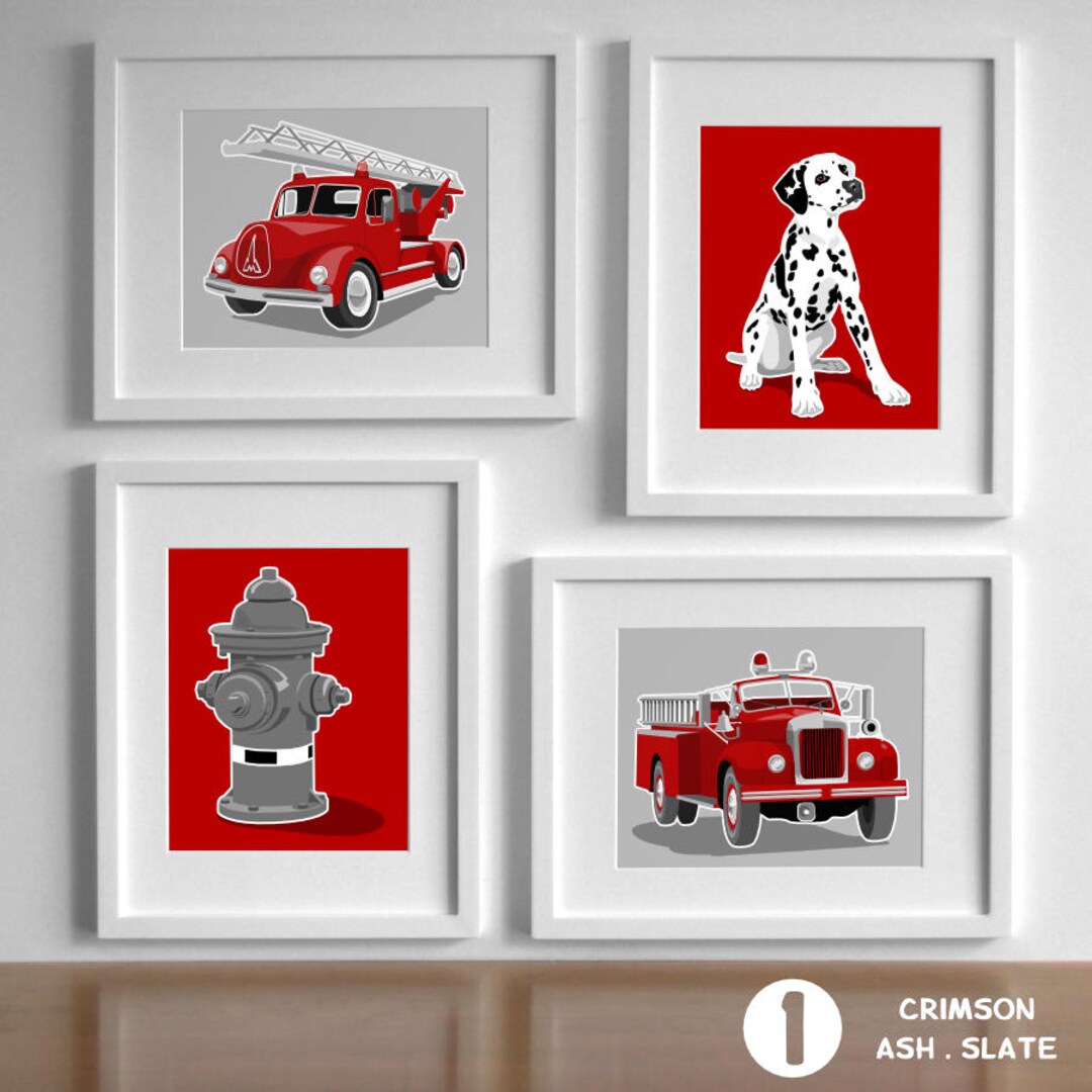 Classic Fireman Truck Nursery Art, Vintage Fire Engine Room- Set of 4 ...