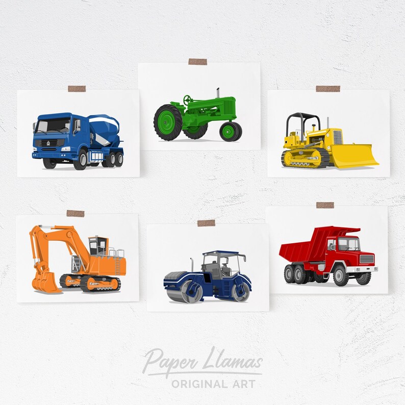 Construction Truck Wall Art - Set of 6 Custom Color Art Prints - Dump ...