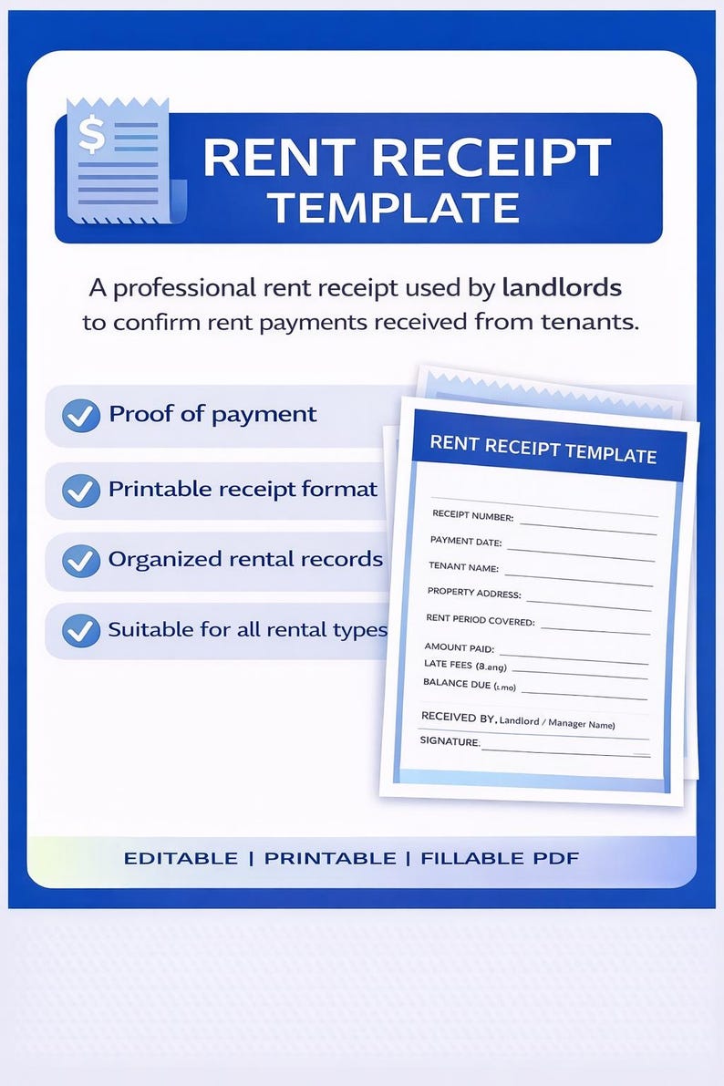 Rent Receipt Template | Landlord Payment Proof Form (editable PDF) - Etsy
