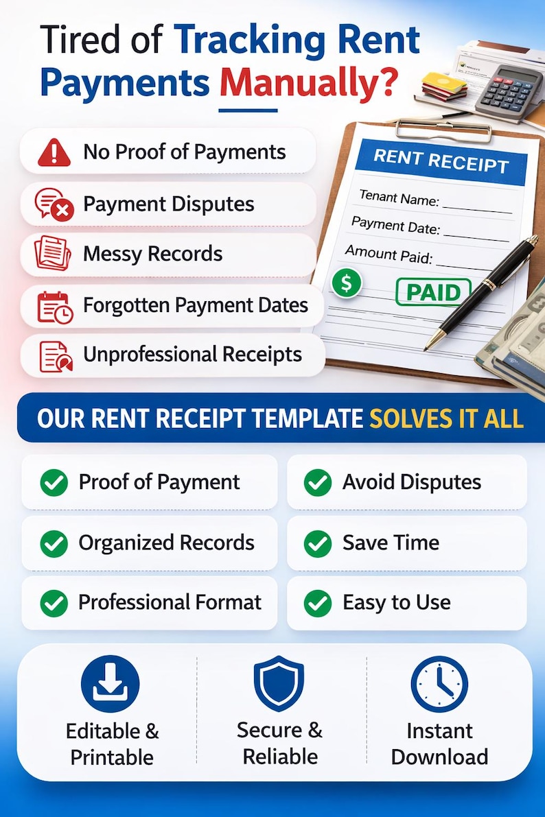Rent Receipt Template | Landlord Payment Proof Form (editable PDF) - Etsy