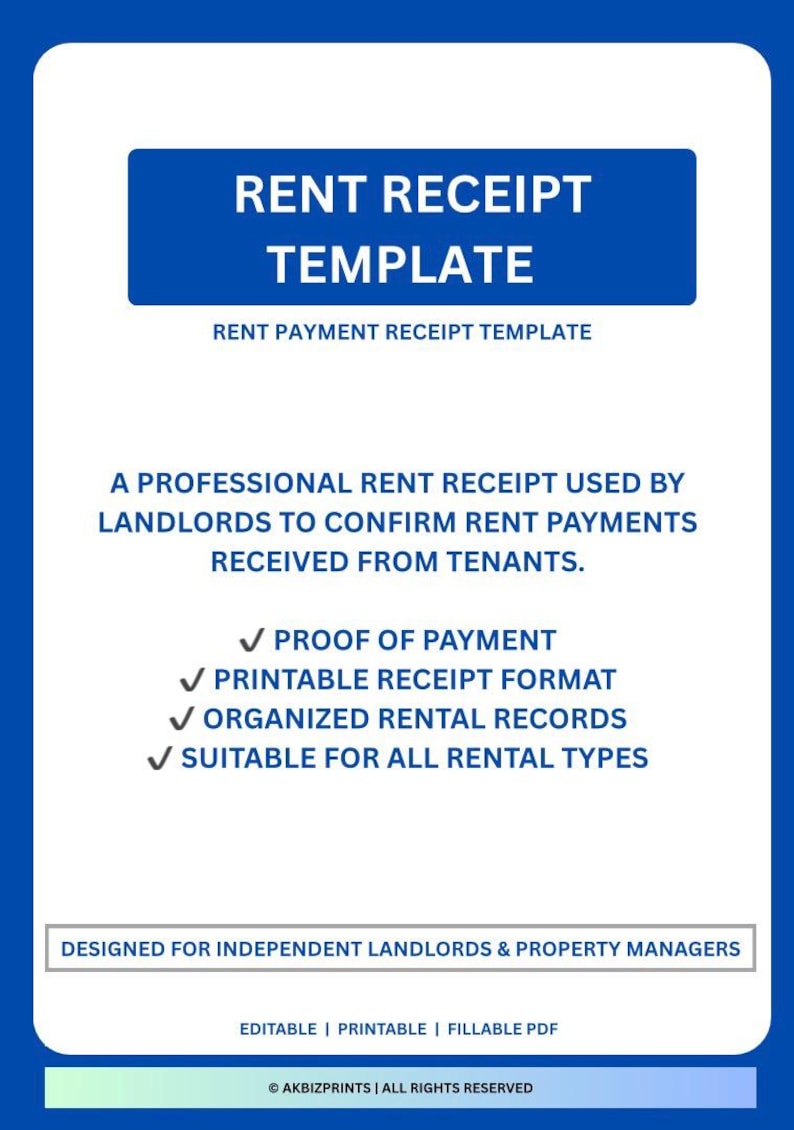 Rent Receipt Template | Landlord Payment Proof Form (editable PDF) - Etsy