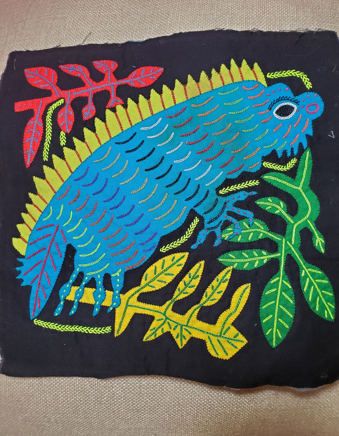 Mola Kuna Indian Panama Folk Art Lizard Gecko Textile Hand Sewn Panel ...