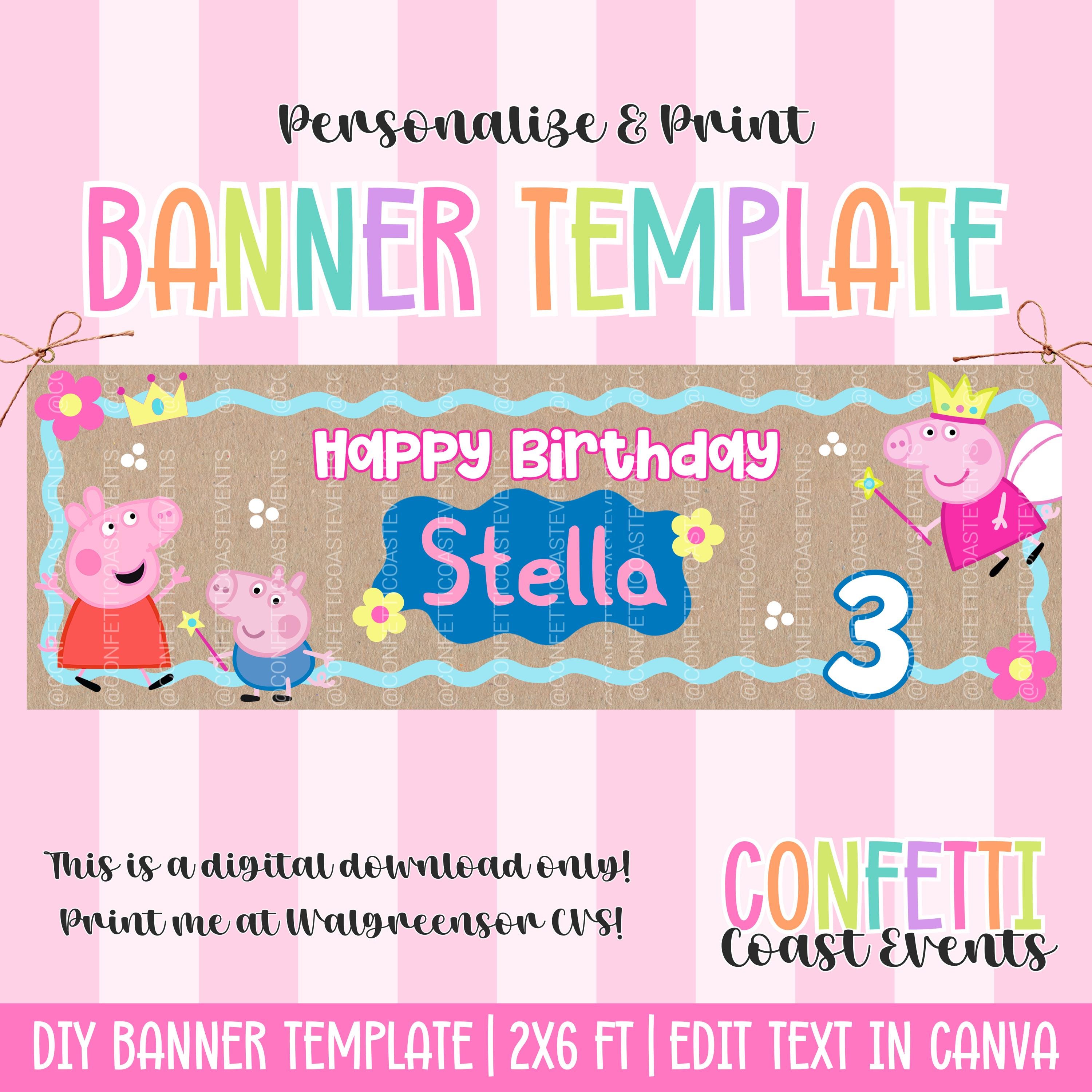 Cartoon Pig Birthday Banner Template | Printable Banner | Edit Text in ...