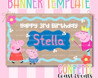 Cartoon Pig Birthday Banner Template | Printable Banner | Edit Text in ...