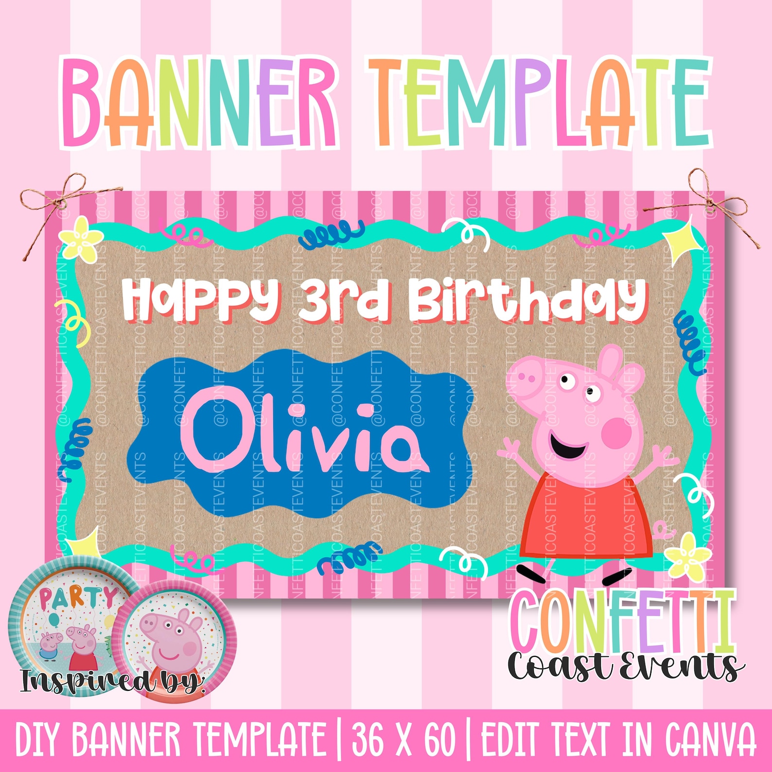 Cartoon Pig Birthday Banner Template | Edit Text in Canva | 36x60 ...
