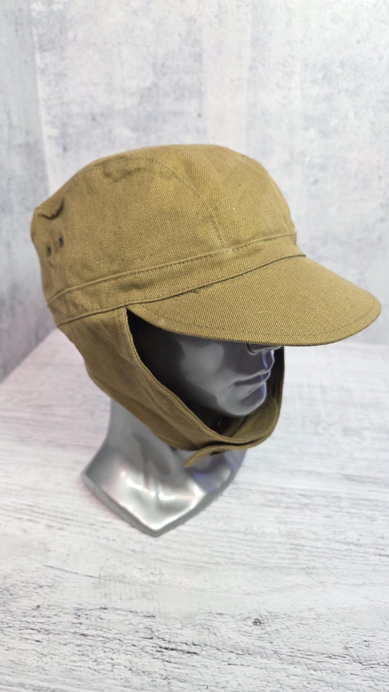 Vintage Ear Flap Hat, Khaki Cotton Visor Cap, Rare 1980s Old Era ...
