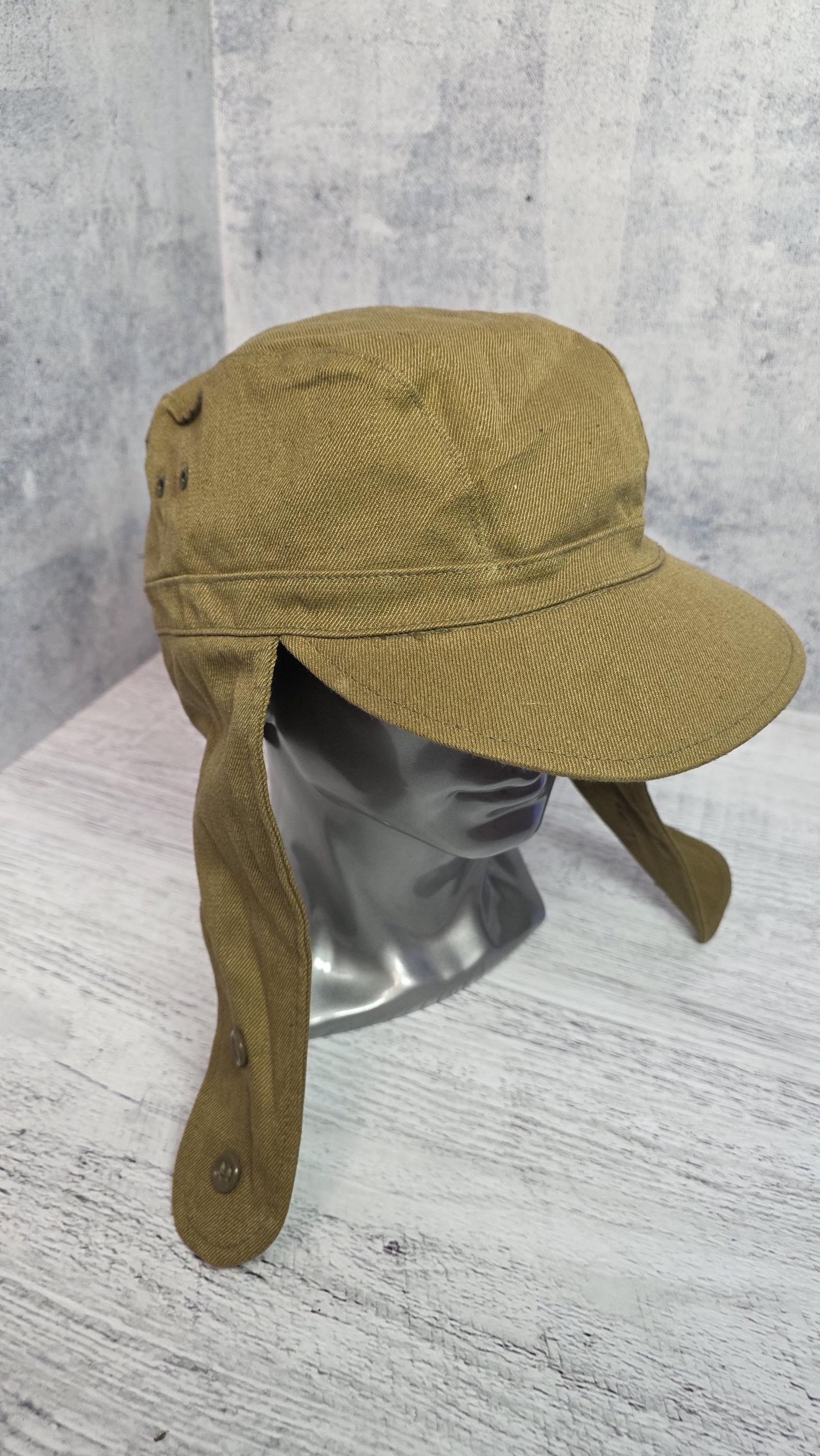 Vintage Ear Flap Hat, Khaki Cotton Visor Cap, Rare 1980s Old Era ...