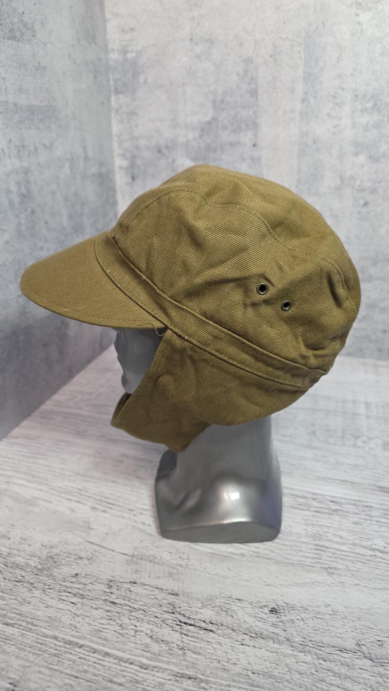 Vintage Ear Flap Hat, Khaki Cotton Visor Cap, Rare 1980s Old Era ...