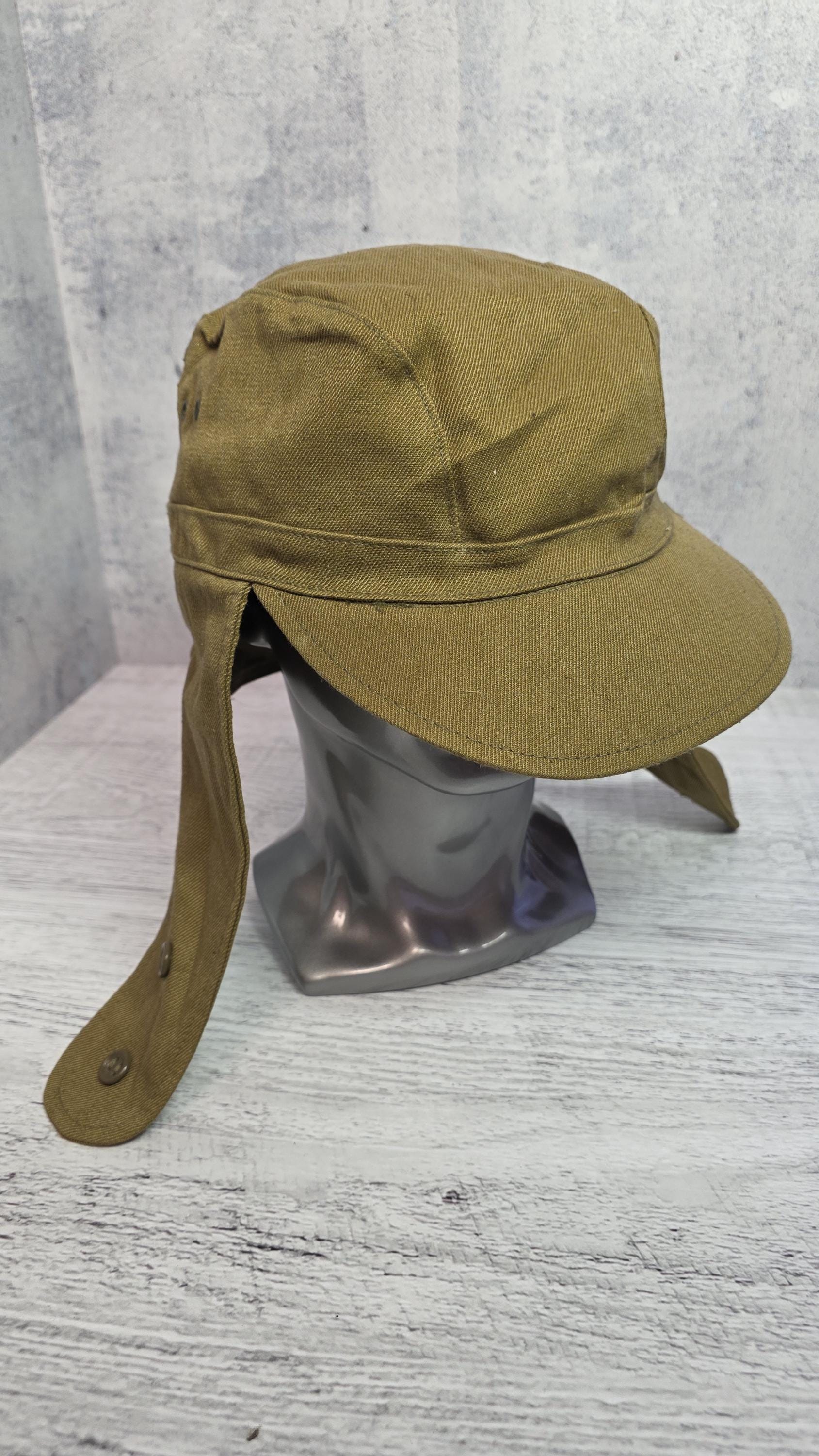 Vintage Ear Flap Hat, Khaki Cotton Visor Cap, Rare 1980s Old Era ...