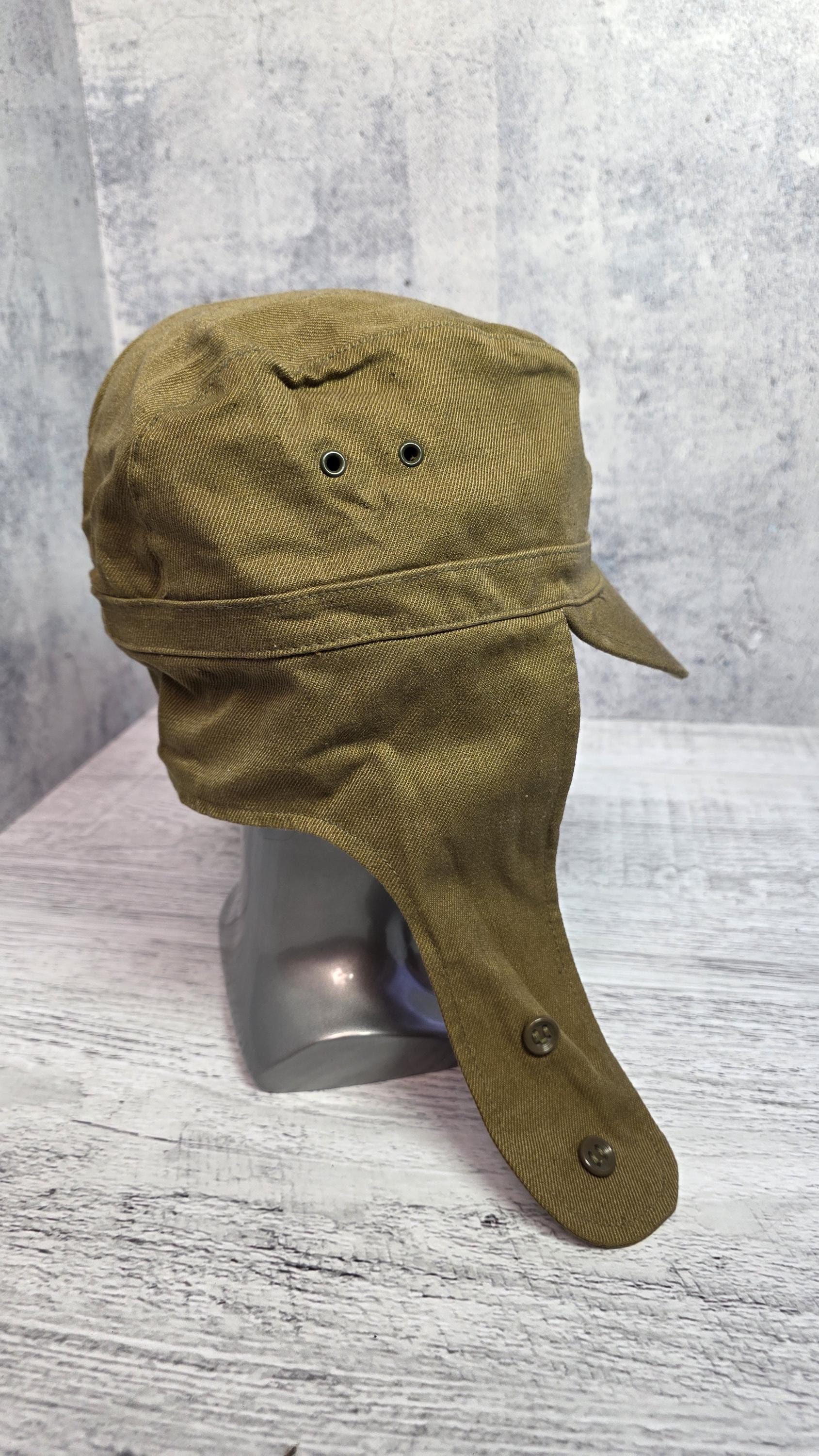 Vintage Ear Flap Hat, Khaki Cotton Visor Cap, Rare 1980s Old Era ...
