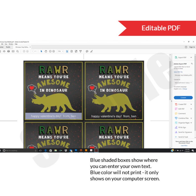 RAWR Means You're Awesome in Dinosaur Valentines Day Cards Instant ...