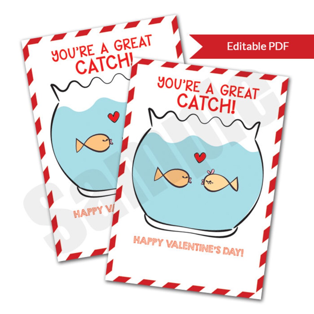 Great Catch FISH Valentine Card Digital Editable PDF Printable ...