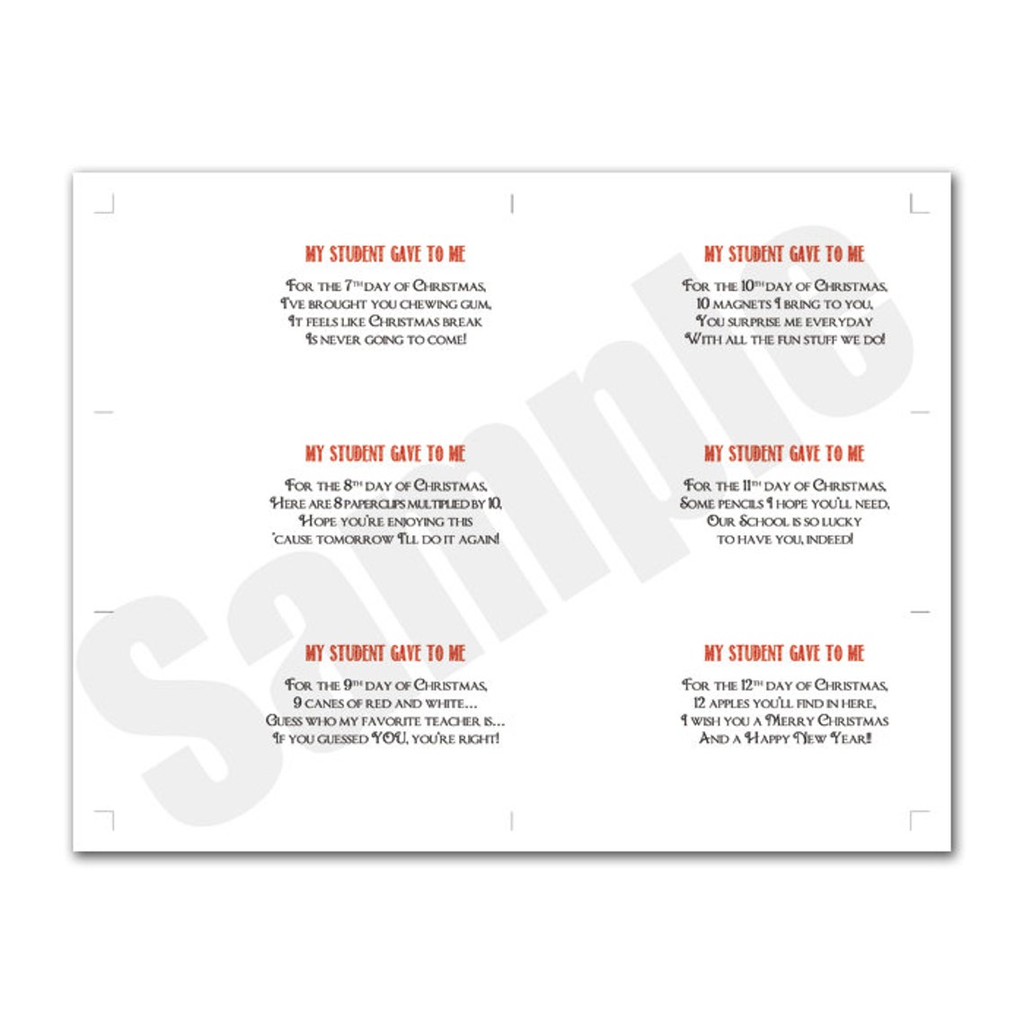 12 Days of Christmas for Teachers From Student Holiday Gift - Etsy