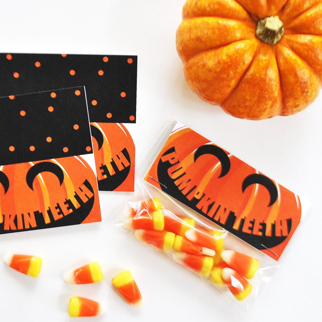 Pumpkin Teeth Candy Corn Halloween Favor Bag Topper Printable Editable ...