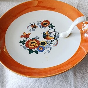 Orange Lusterware With Lovely Birds and Flowers in Center. Made & Hand ...