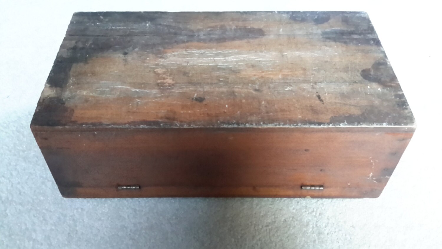 Antique wood storage trinket junk box with 1970 Ohio License plate and ...
