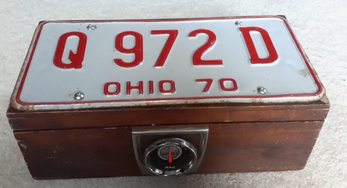 Antique Wood Storage Trinket Junk Box With 1970 Ohio License Plate and ...