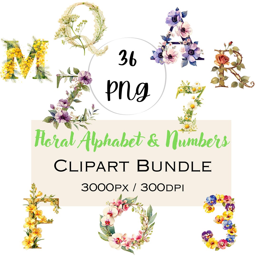 Floral Alphabet & Numbers Clipart Bundle – Hand-drawn PNG Graphics (36 ...