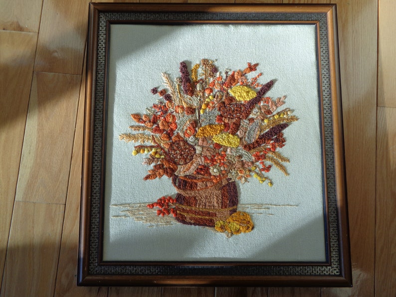 Vintage Hand Sewn Crewel Embroidered Tapestry in an Autumn Color ...
