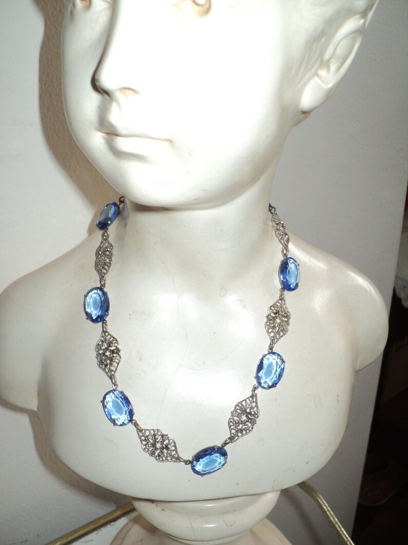 SOMETHING BLUE, Retro Art Deco Style Choker Necklace With White Metal ...