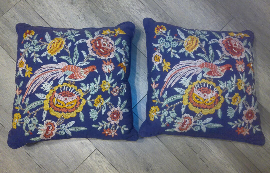 Retro Boho Chic Pair of Machine Embroidered Pillows, Made in India of ...