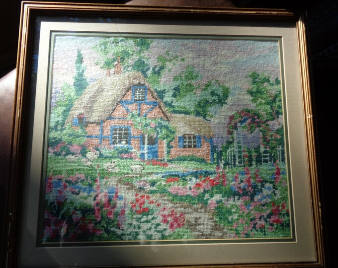Vintage Needlepoint Landscape Scene of A Thatched Roof Cottage With a ...