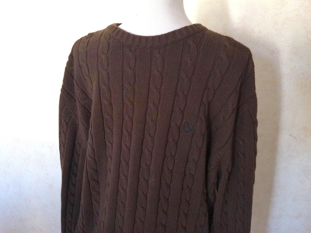 Vintage CHAPS Brand Name Label Beautiful Brown Cotton Cable Knit Crew ...