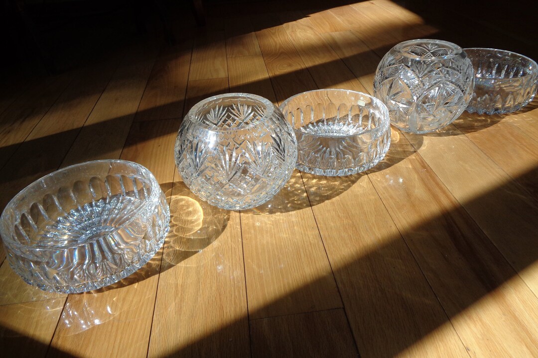 5 CRYSTAL LEADED BOWLS, A Table Scape of Leaded Cut Crystal Containers ...