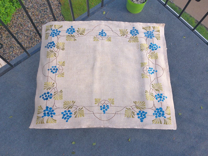 Antique Hand Embroidered Art Nouveau Design Linen in the Style of Frank ...