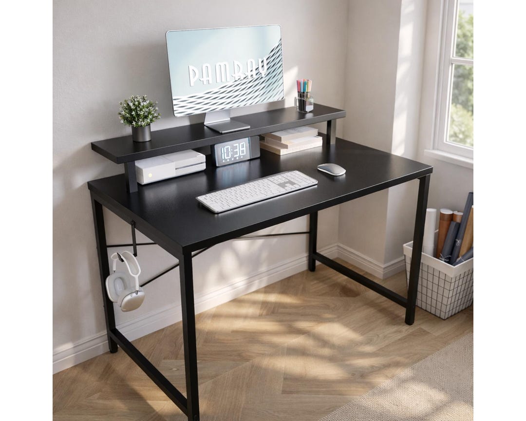 Small White Computer Desk With Monitor Stand, 32-inch Writing Table ...
