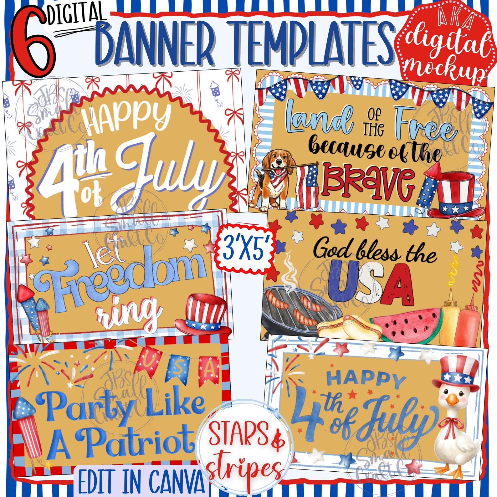 6 Patriotic Banner Templates for Canva - Editable 4th of July Mockups ...
