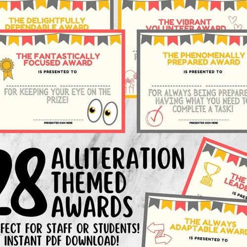 Alliteration Awards Certificates for Staff or Students 28 - Etsy