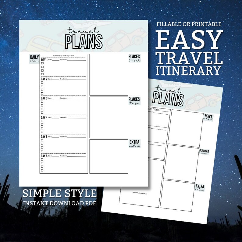 Simple Travel Itinerary Template - PDF Fillable Easy Travel Planner ...