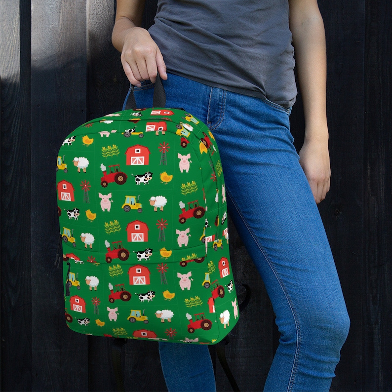 Green Tractor, Farm & Farm Animal Backpack - Farmer Book Bag - Unisex ...